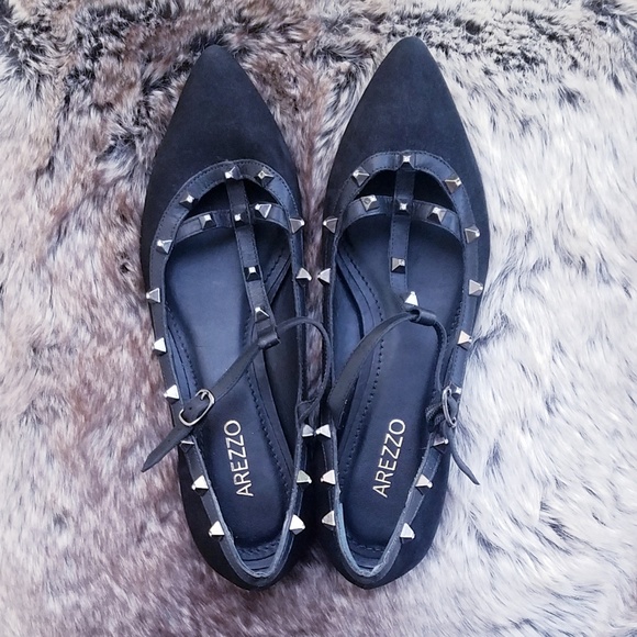 Arezzo | Shoes | Arezzo Brazil Black Suede Studded Tstrap Flats | Poshmark